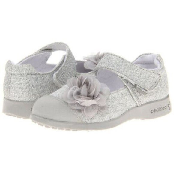 pediped | Shoes | New Pediped Kid Flex Estella Glitter Silver 3d Flower Cap Strap Dress Shoe ...